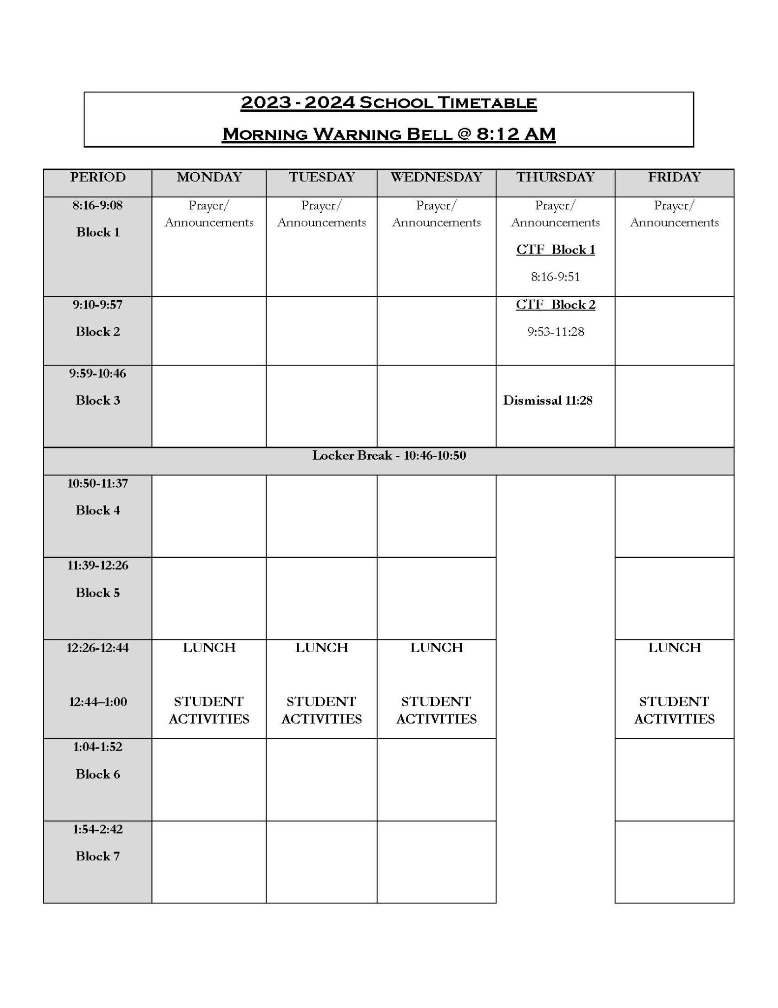 Class Schedule - St. Nicholas Catholic Junior High School